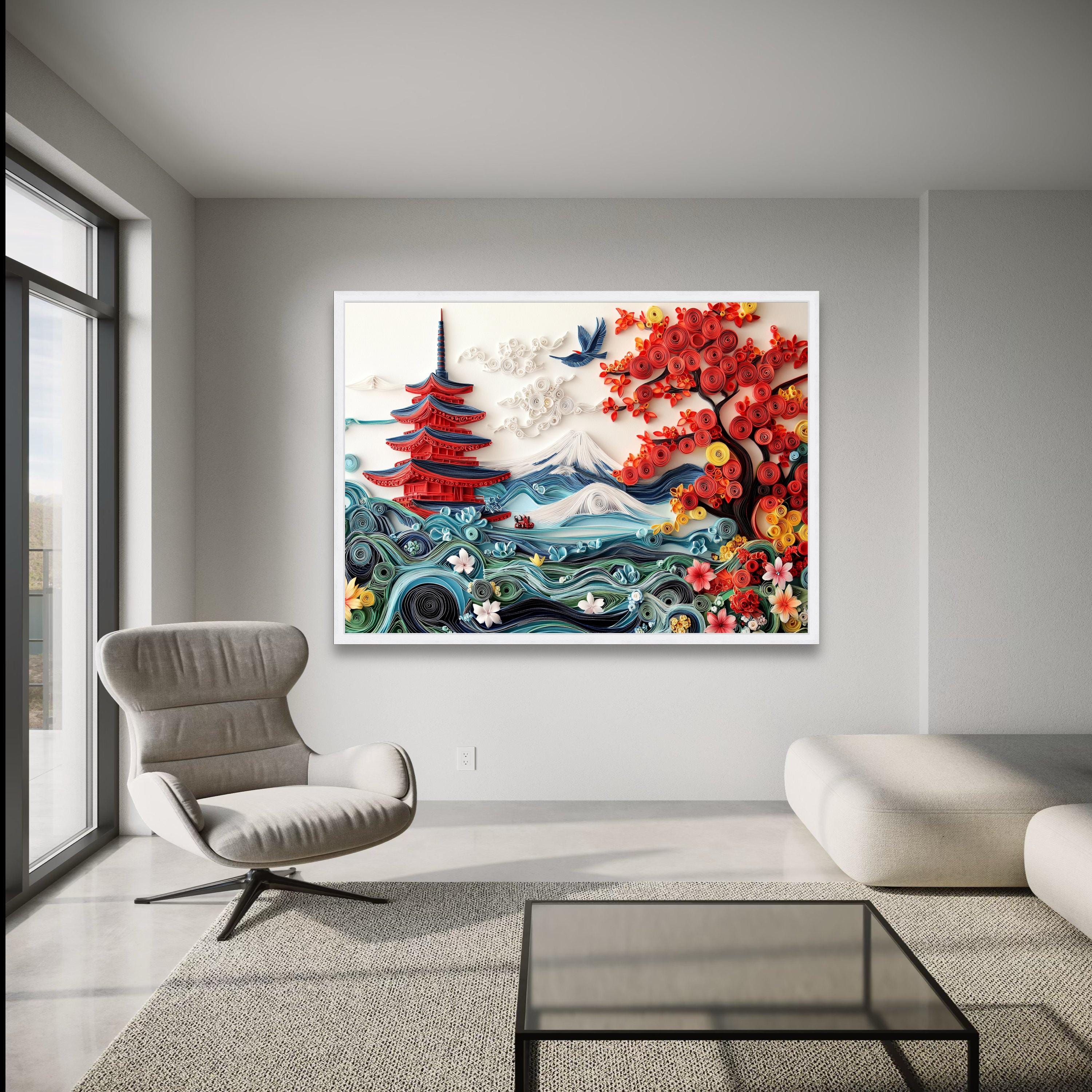 Japanese Pagoda and Mount Fuji Canvas, Quilling Art Style Nature ...
