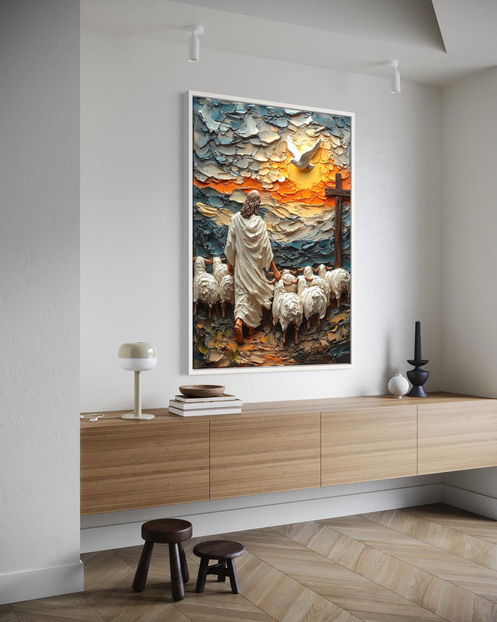 Good Shepherd Jesus Leading Sheep at Sunrise Canvas Print - 3D Impasto ...