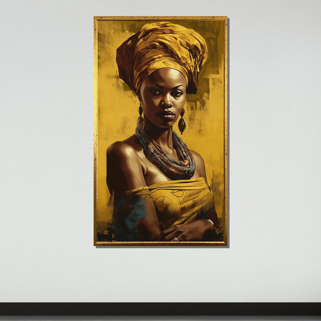African Queen Portrait Canvas, Bold Yellow Turban Art, Empowering Woman ...