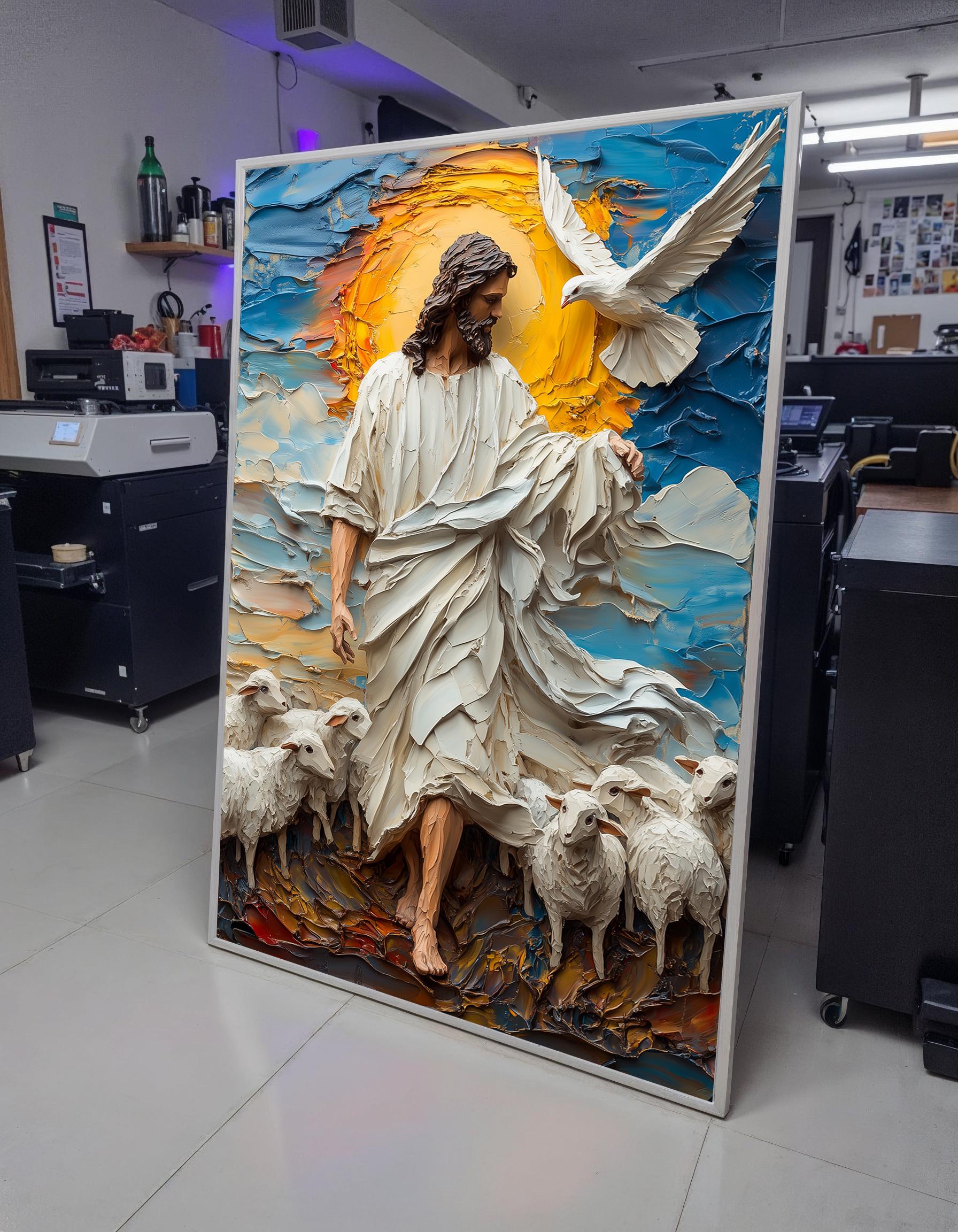 Jesus With Sheep Dove Canvas Print - 3D Impasto Painting Blue Sky ...