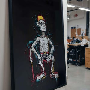 Quirky Skeleton Worker Art, Abstract Laborer Painting, Unique Gothic ...