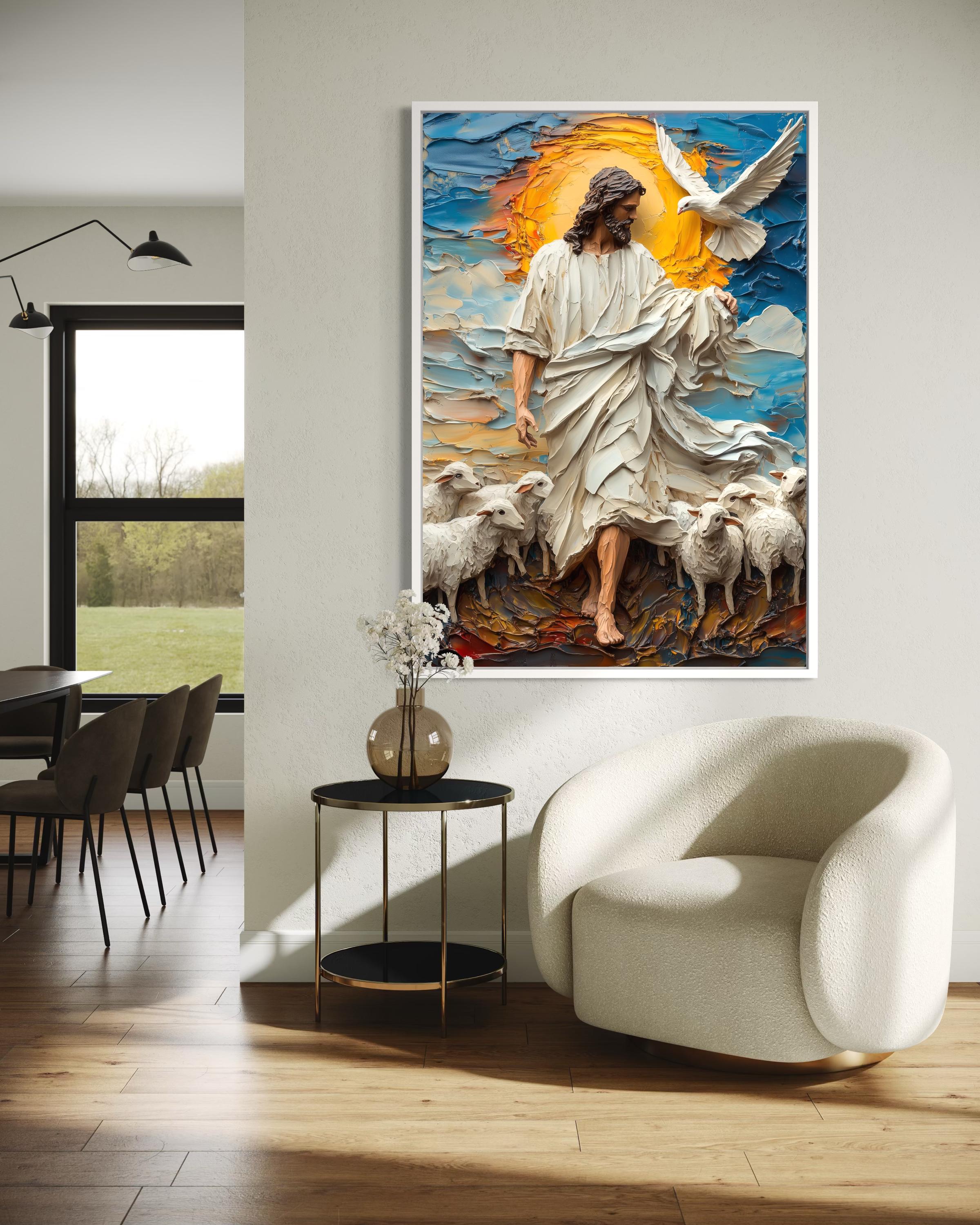 Jesus With Sheep Dove Canvas Print - 3D Impasto Painting Blue Sky ...