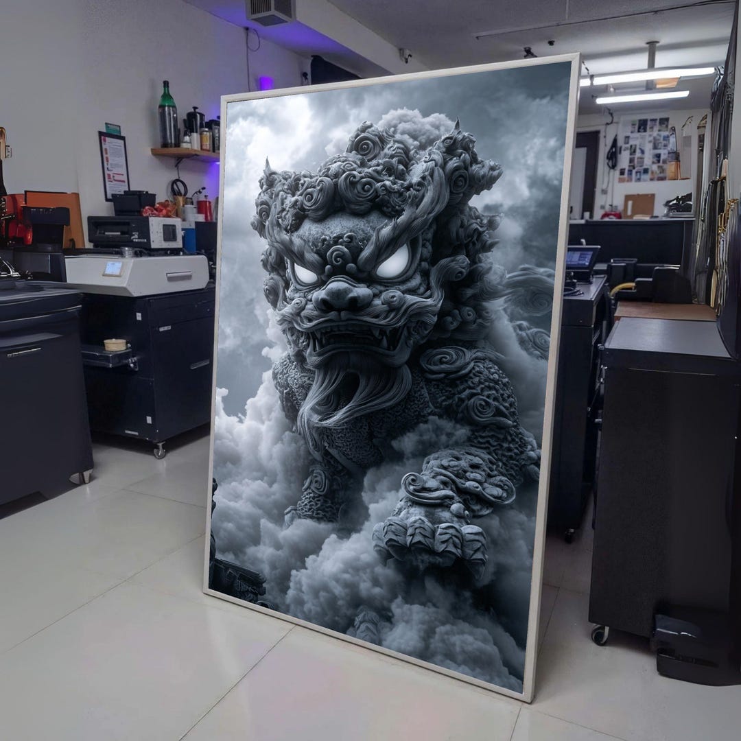 Mythical Guardian Lion Stone Statue, Foggy Clouds Canvas Wall Art ...