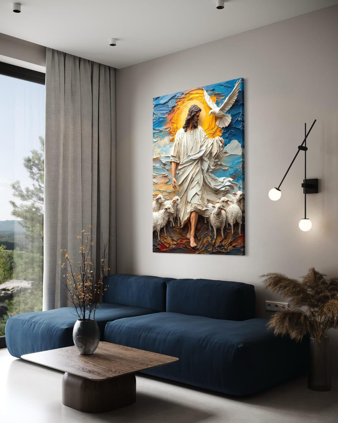 Jesus With Sheep Dove Canvas Print - 3D Impasto Painting Blue Sky ...
