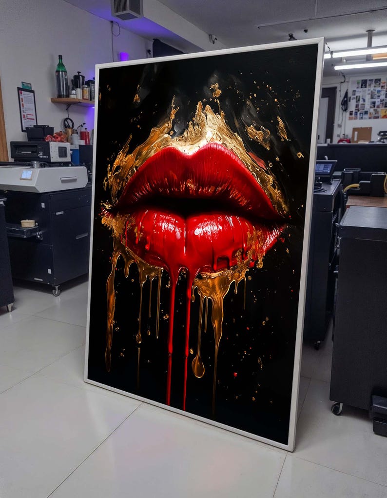 Golden Drip Red Lips Canvas, Luxurious Lip Art Print, Glamorous Gold ...