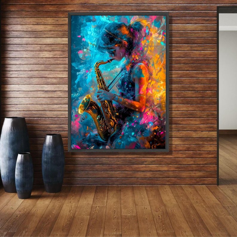 Vibrant Saxophone Player Canvas, Abstract Jazz Music Wall Art, Colorful ...