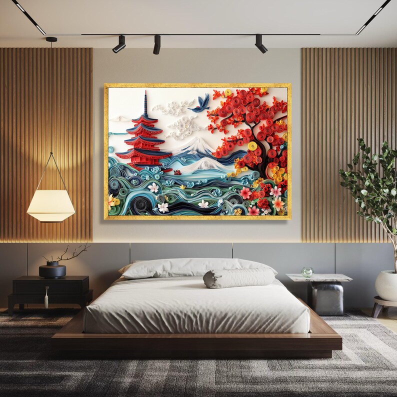 Japanese Pagoda and Mount Fuji Canvas, Quilling Art Style Nature ...