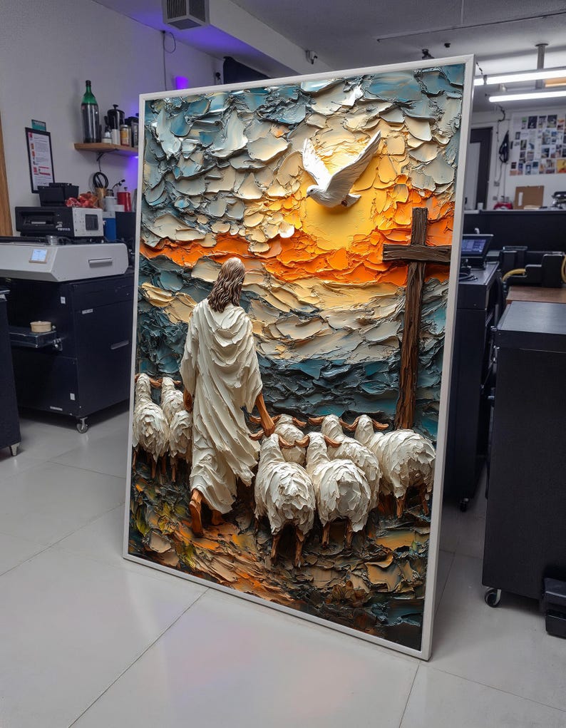 Good Shepherd Jesus Leading Sheep at Sunrise Canvas Print - 3D Impasto ...