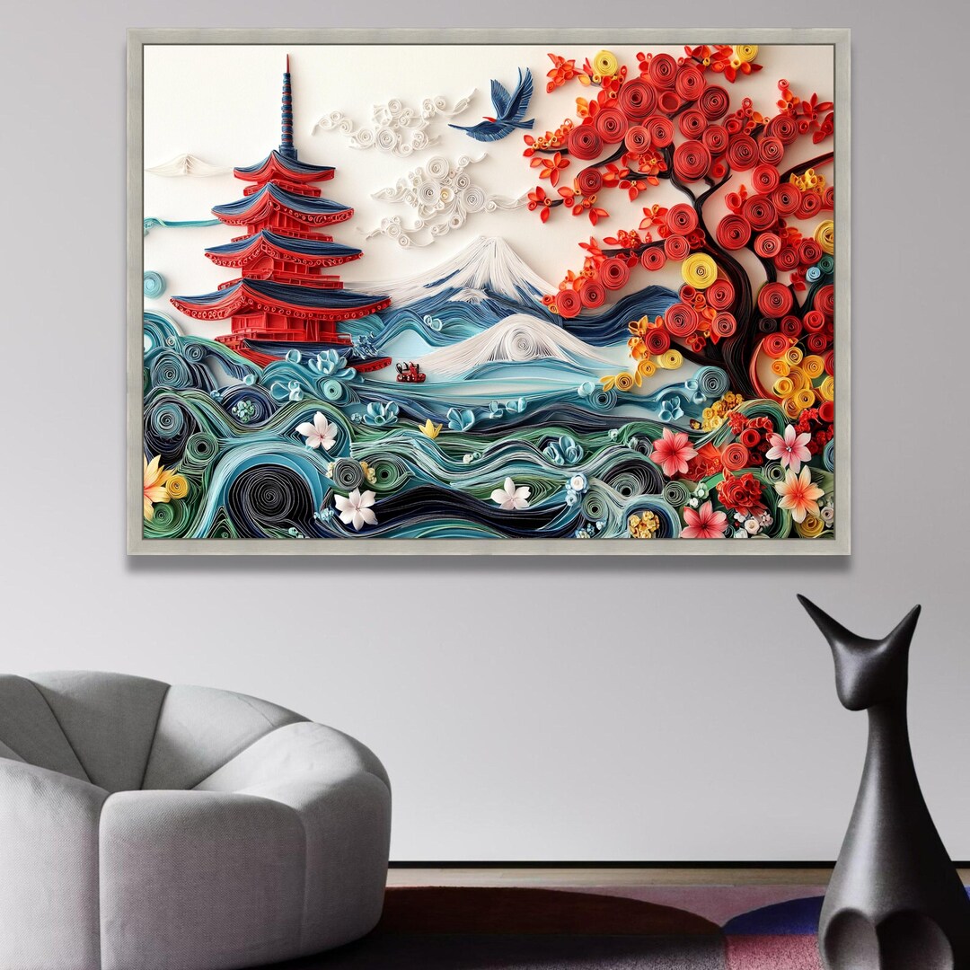 Japanese Pagoda and Mount Fuji Canvas, Quilling Art Style Nature ...