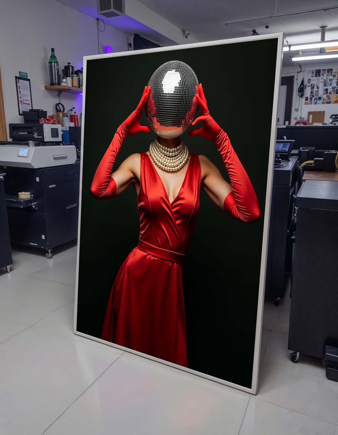 Woman Canvas, Disco Ball Head Art Print, Glam Red Dress Wall Art, Retro ...