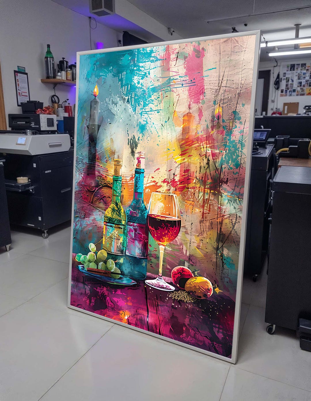 Vibrant Wine and Grapes Art, Abstract Wine Bottle Canvas, Colorful Wine ...