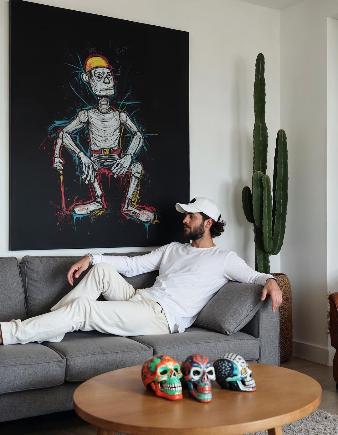 Quirky Skeleton Worker Art, Abstract Laborer Painting, Unique Gothic ...