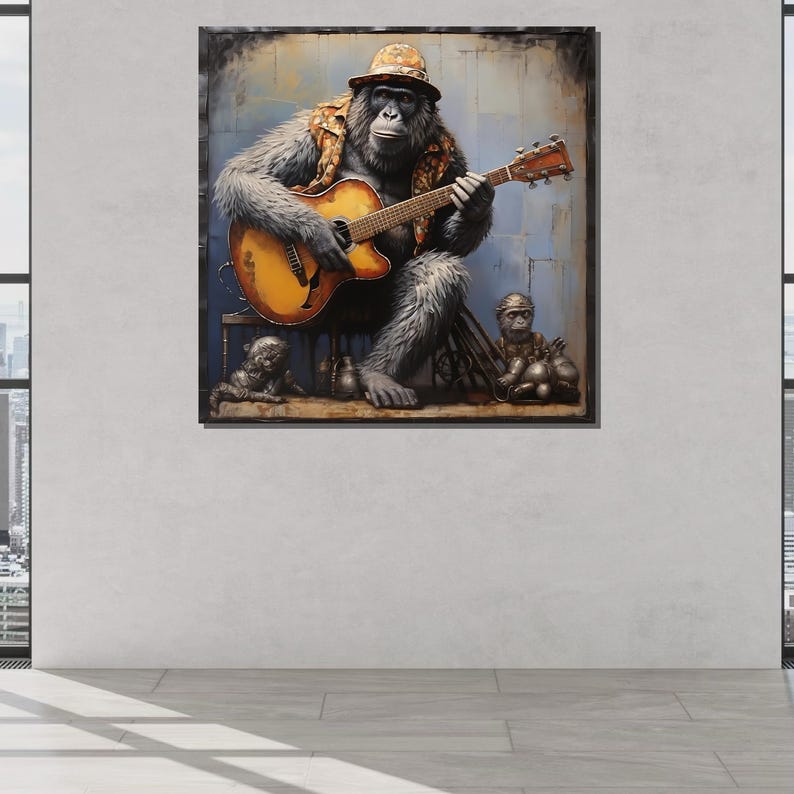 Gorilla Playing Guitar Art-quirky Animal Musician Painting,whimsical ...
