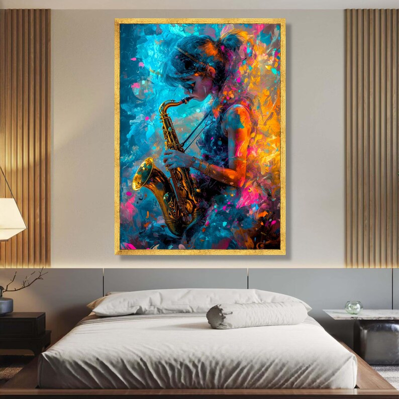 Vibrant Saxophone Player Canvas, Abstract Jazz Music Wall Art, Colorful ...