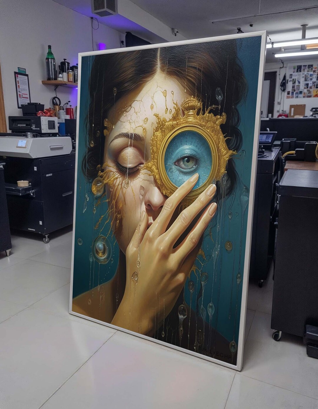 Surreal Woman Portrait With Golden Lens, Dreamlike Eye Art, Emotional ...