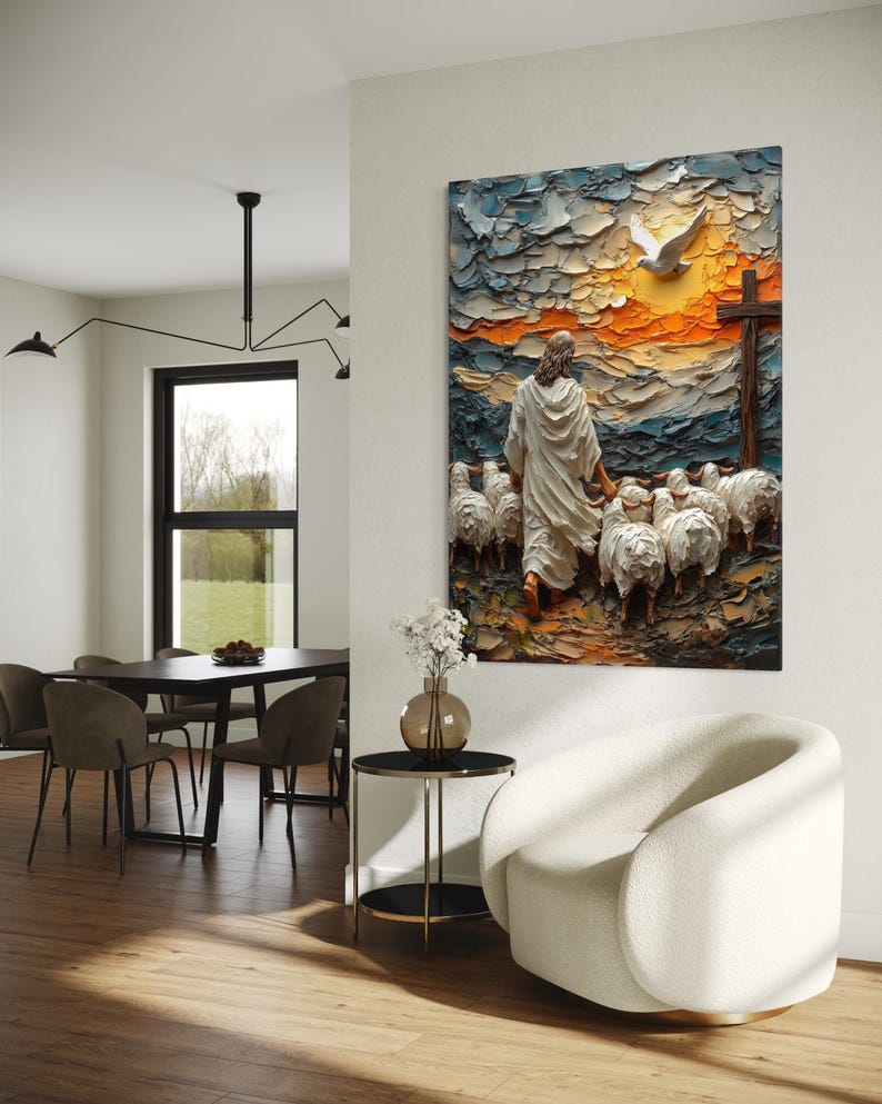 Good Shepherd Jesus Leading Sheep at Sunrise Canvas Print - 3D Impasto ...