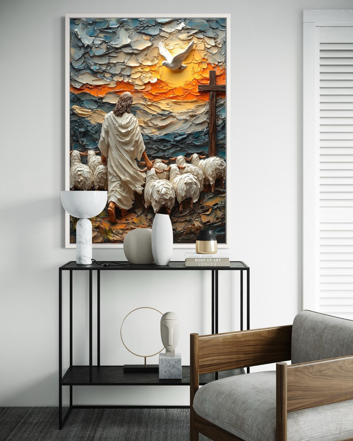 Good Shepherd Jesus Leading Sheep at Sunrise Canvas Print - 3D Impasto ...