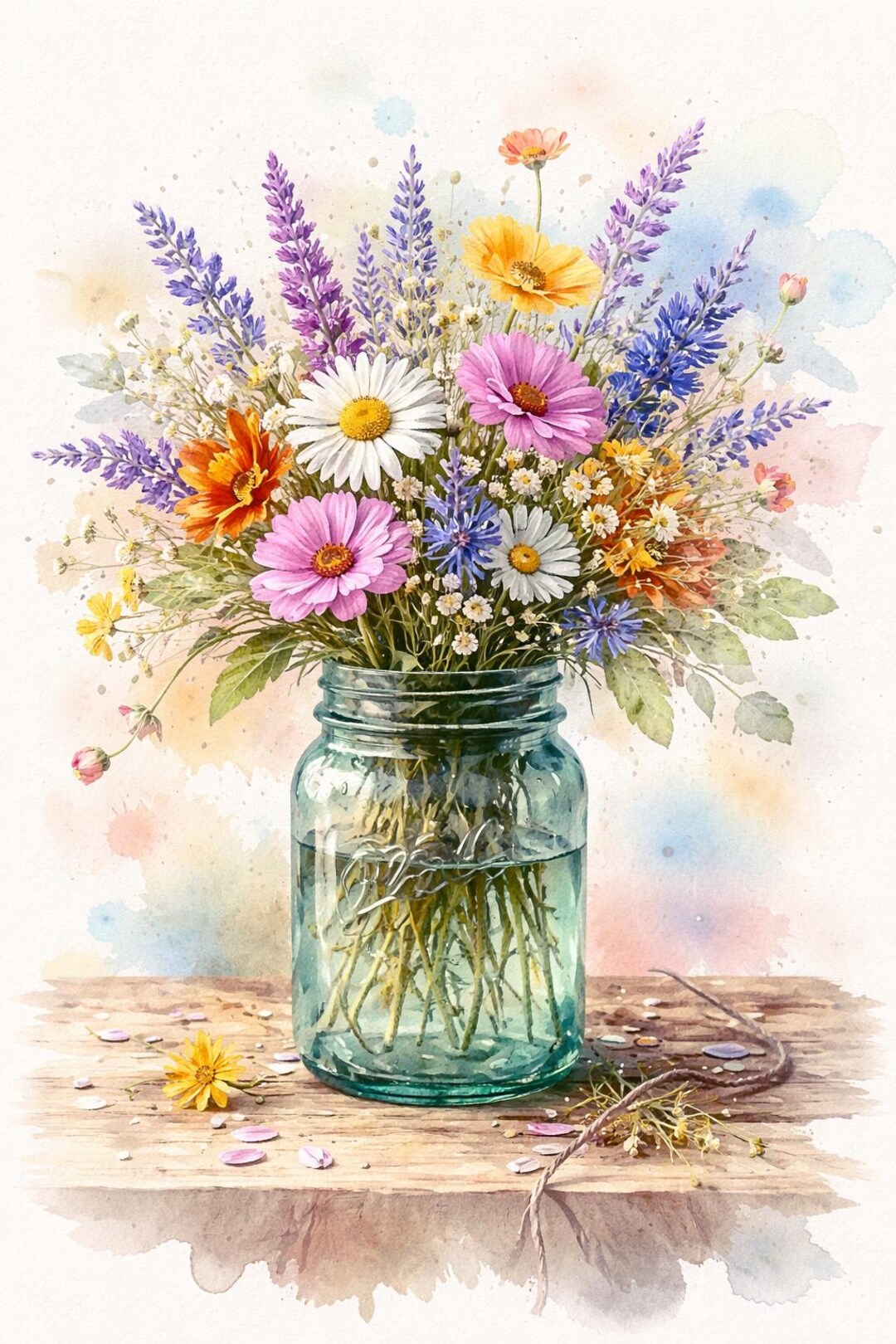 Wildflower Bouquet Watercolor Print – Rustic Mason Jar, Cottagecore Art ...