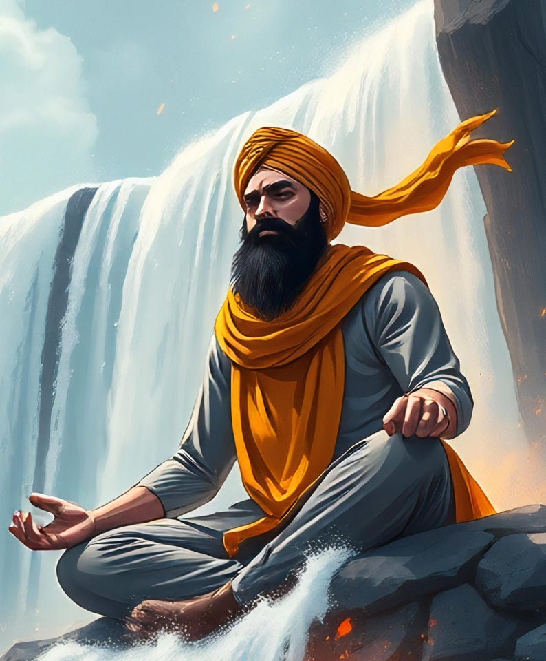 Serenity of the Falls: Sikh in Deep Meditation - Etsy