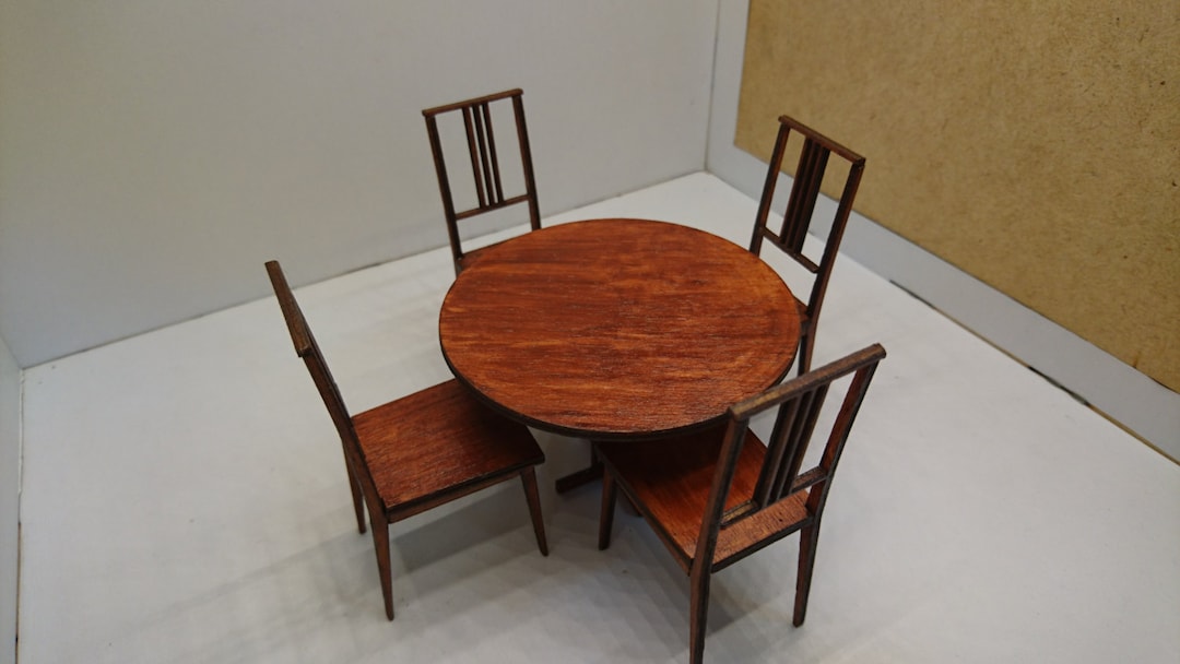 Miniature Modern Mahogany Round Table With 4 Chairs, IKEA Inspired, 1/ ...