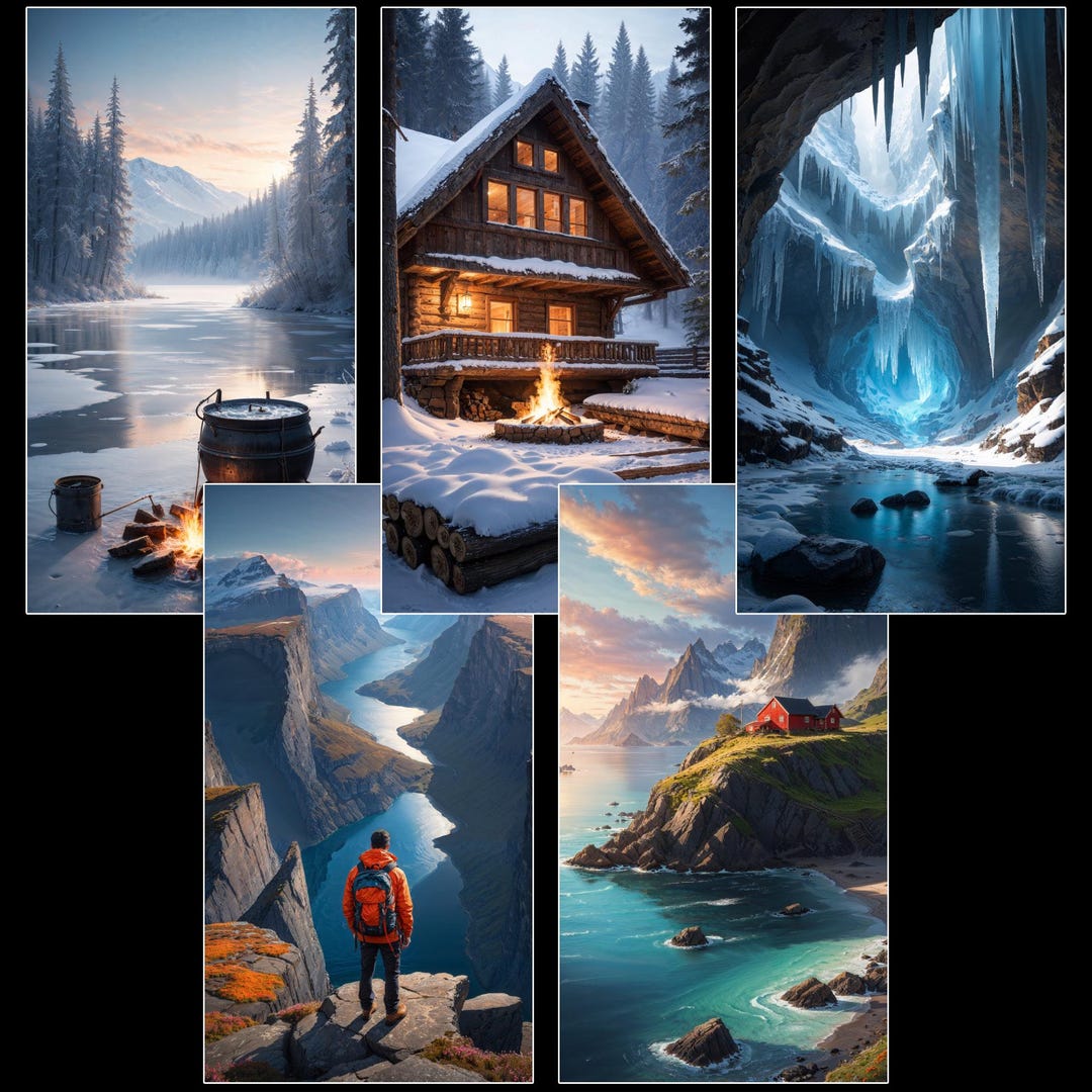 Winter Cabin Digital Art Frozen Lake & Scenic Mountains Wallpaper Snowy ...