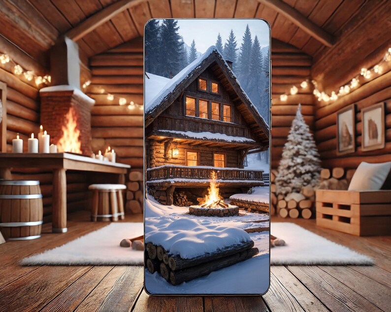 Winter Cabin Digital Art Frozen Lake & Scenic Mountains Wallpaper Snowy ...