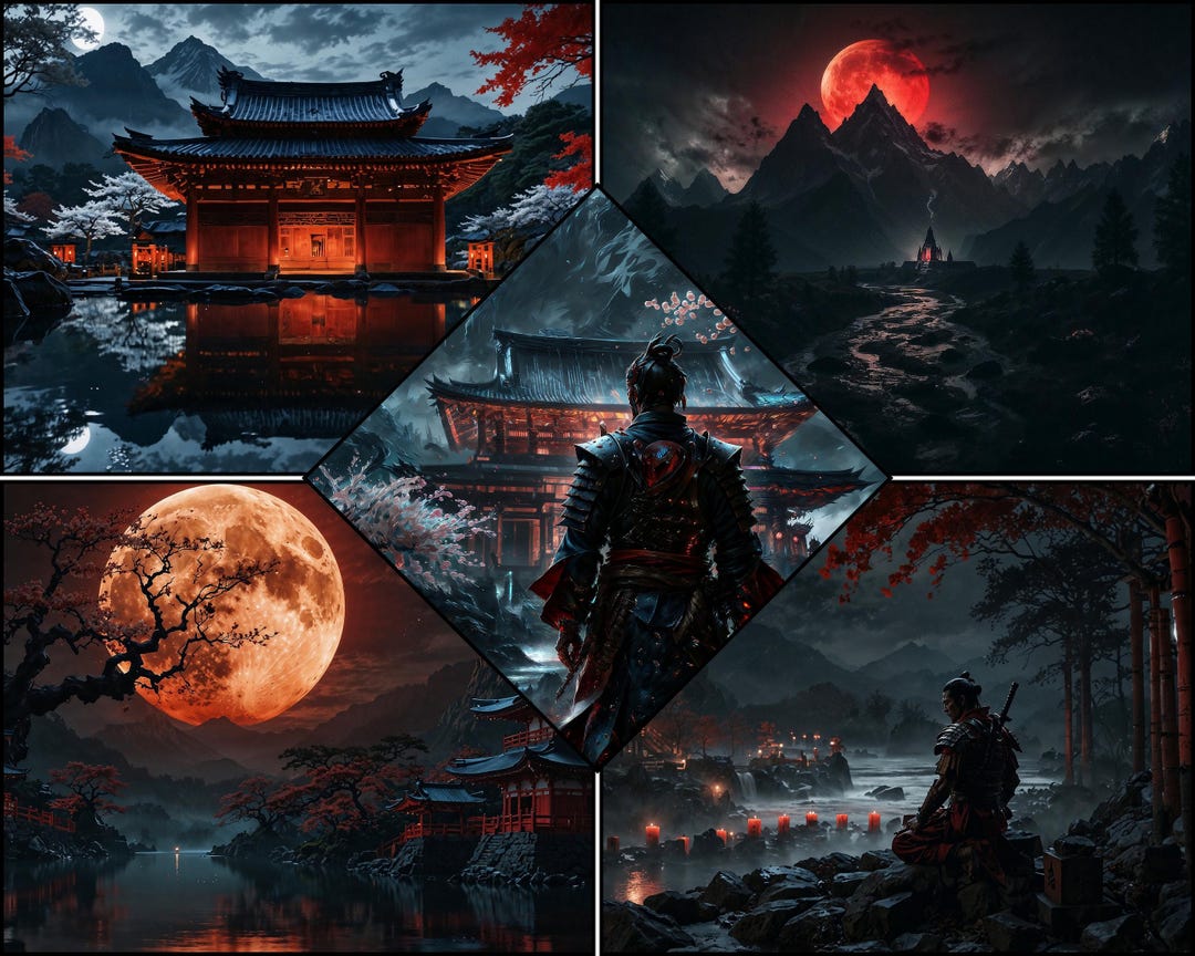 Samurai Warrior Red Moon Japanese Temple Dark Mountains Mystical Night ...