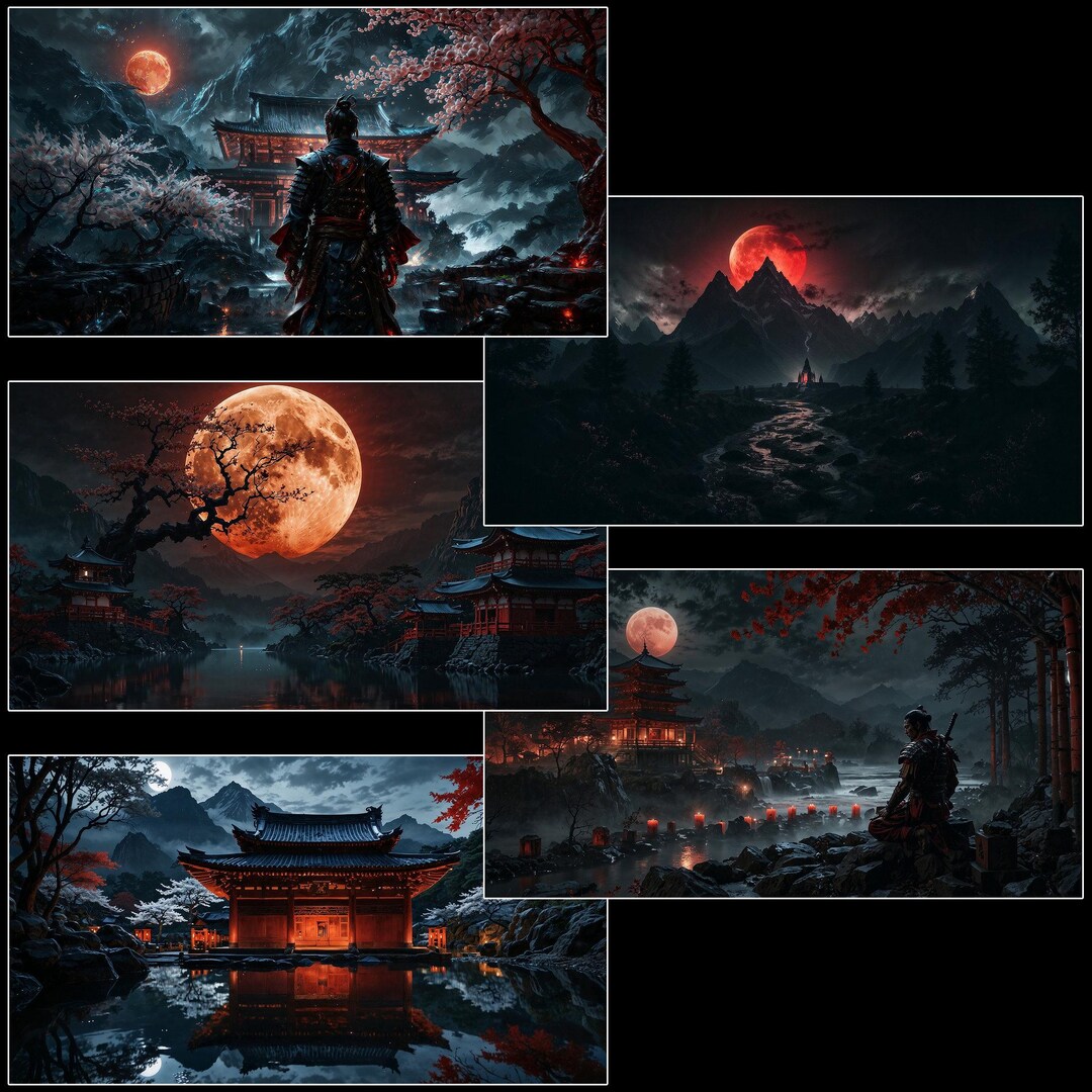 Samurai Warrior Red Moon Japanese Temple Dark Mountains Mystical Night ...