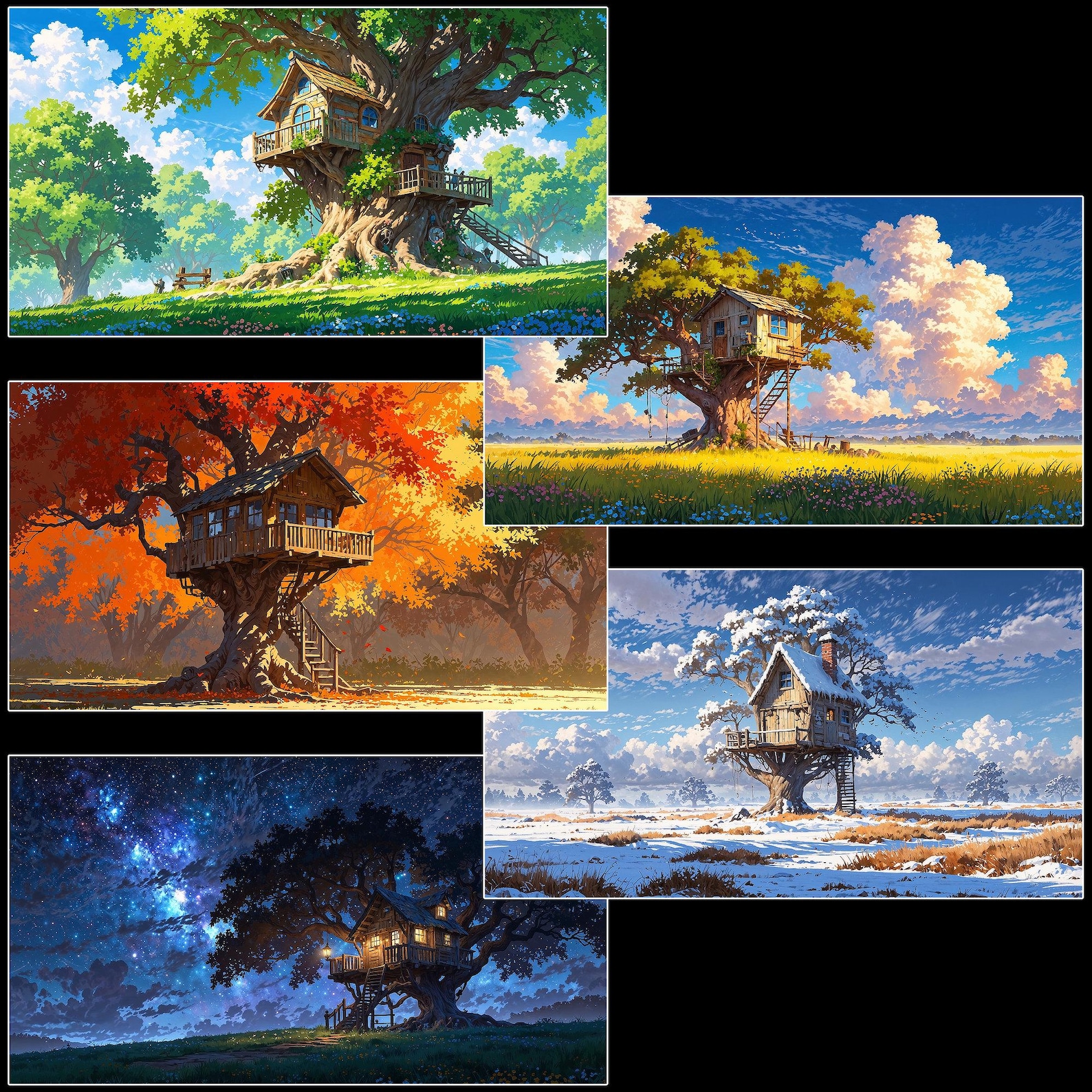 Treehouse Seasons Oak Forest Cozy Rustic Aesthetic Wallpaper Set 5 ...