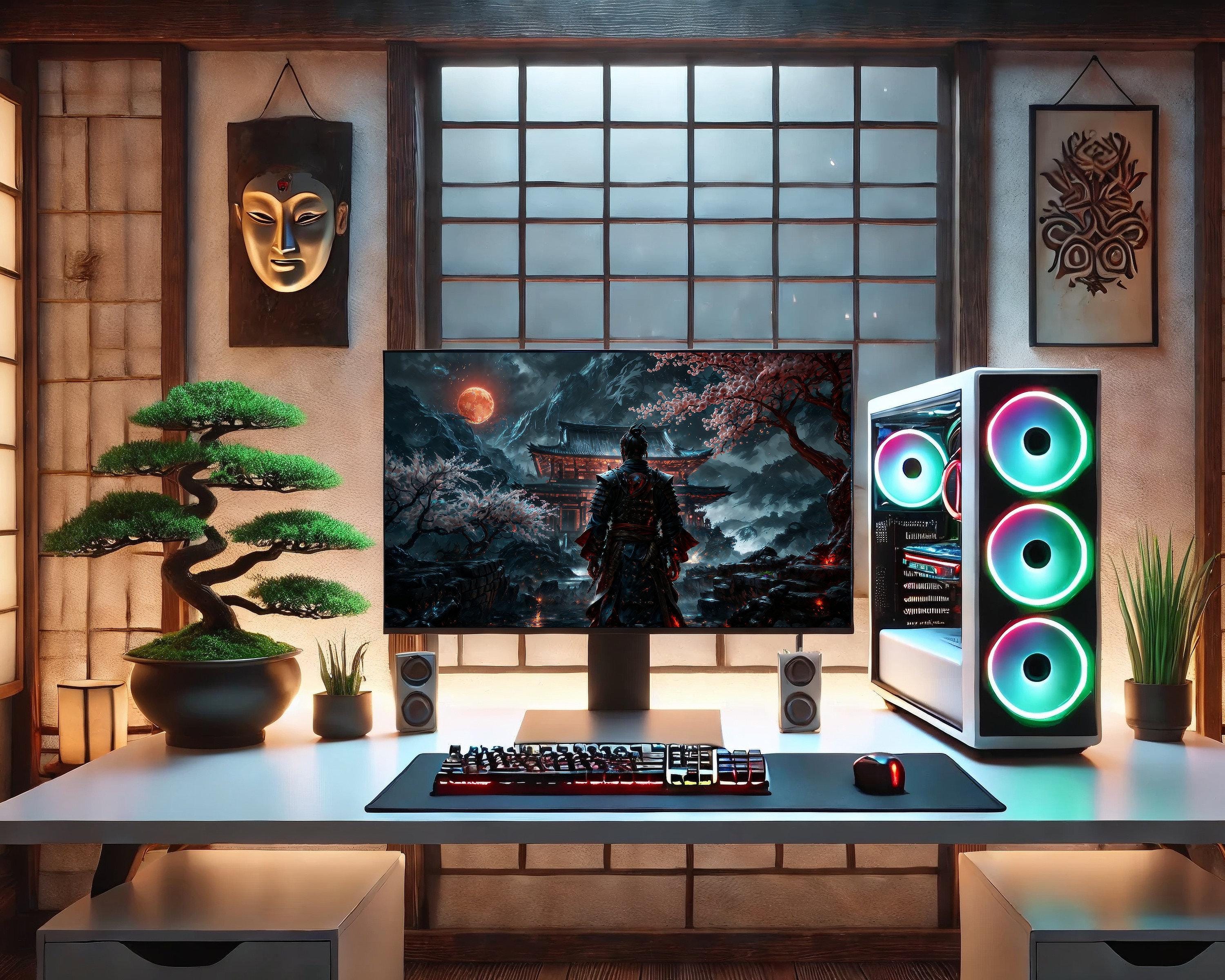 Samurai Warrior Red Moon Japanese Temple Dark Mountains Mystical Night ...