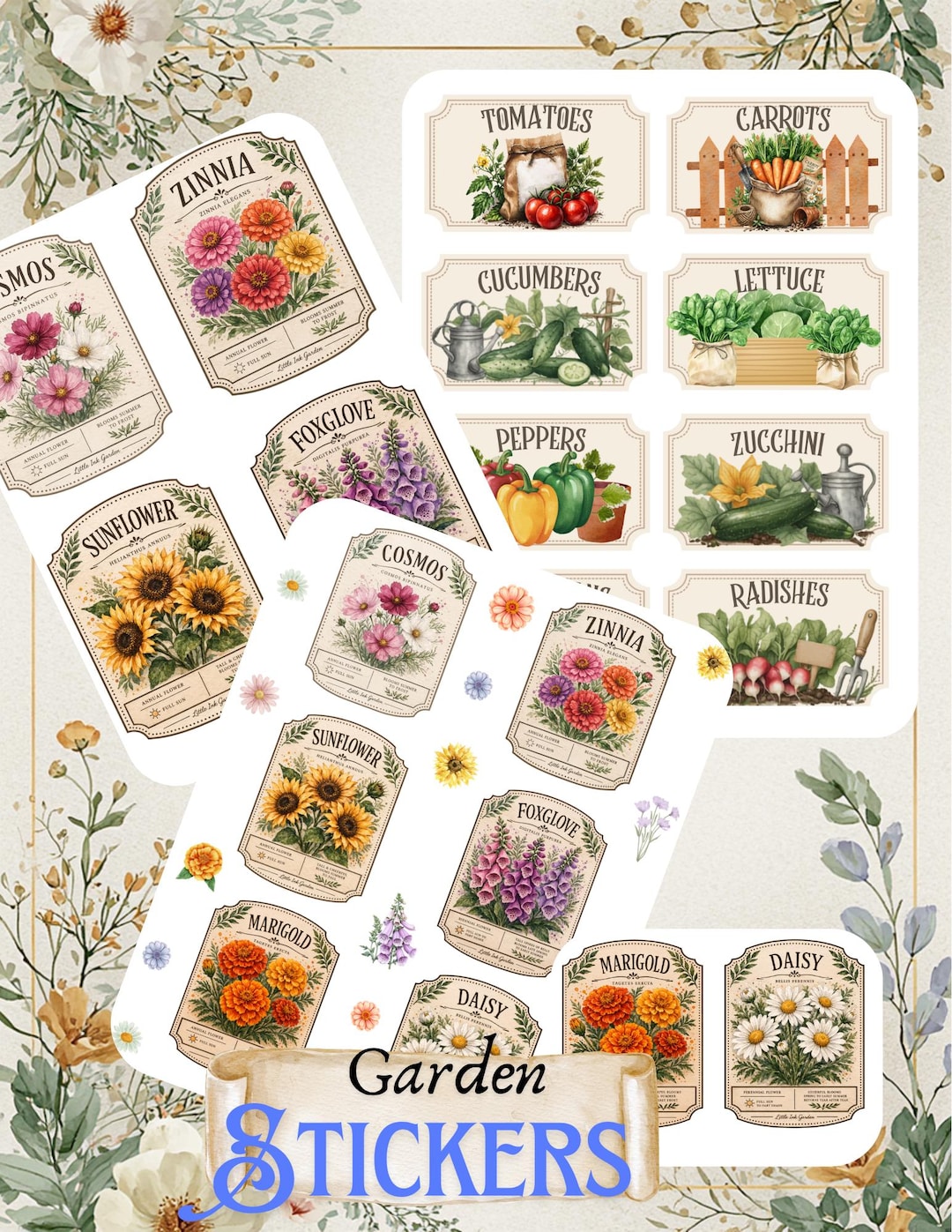 Vintage Garden Sticker Set – Vegetable & Flower Labels – Cottagecore ...
