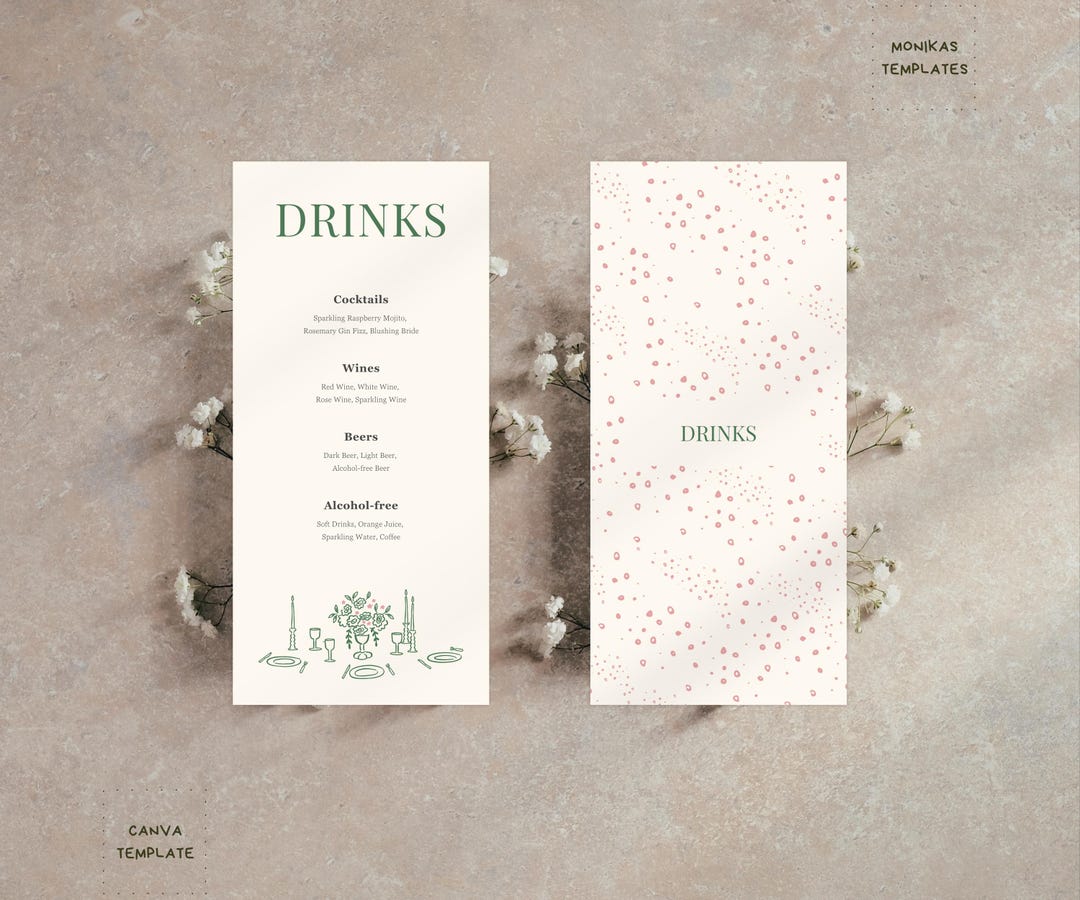 Whimsical Wedding Drink Menu Card Template - Printable Canva Cocktail ...