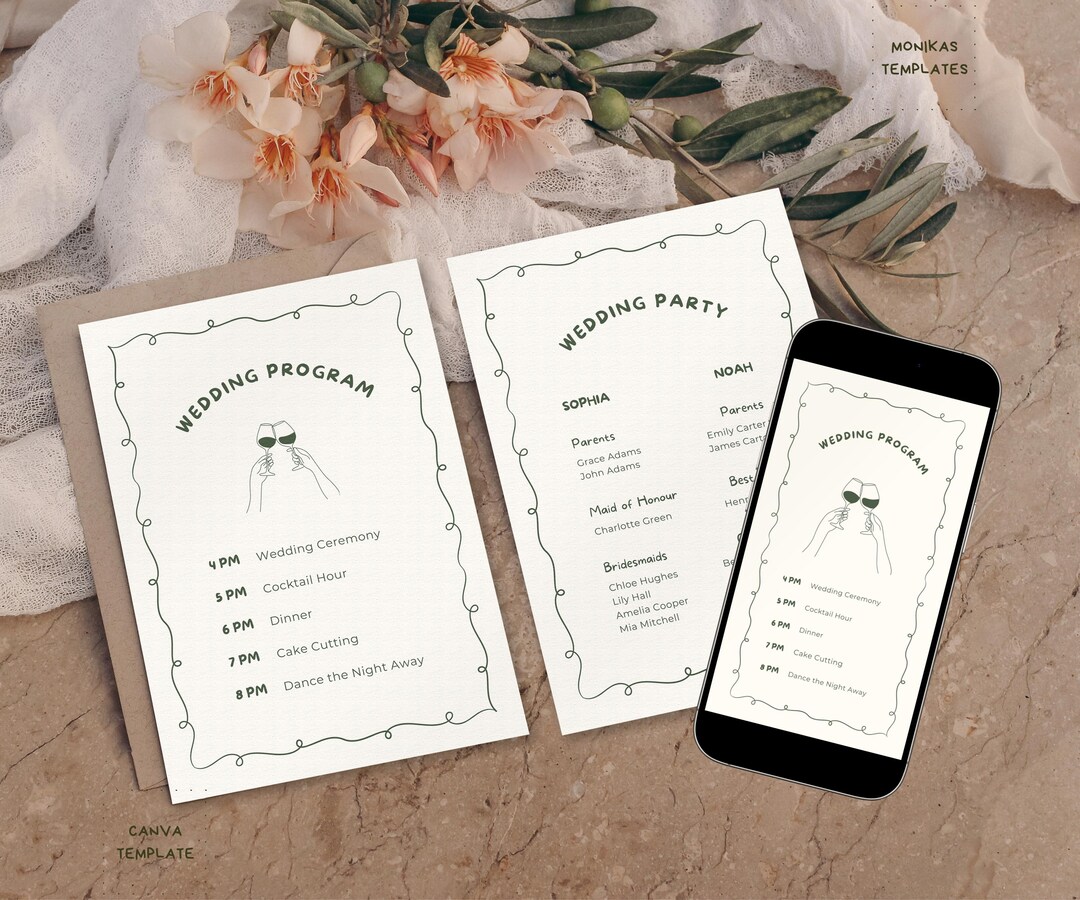 Digital Wedding Program Template - Editable Canva Wedding Timeline ...