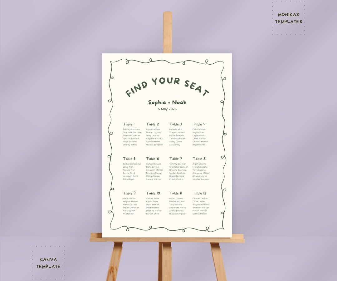 Wedding Seating Chart Canva Template | Editable DIY Reception Seating ...
