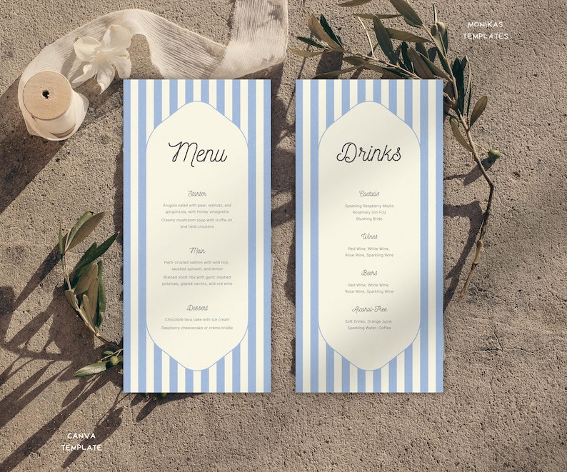 Mediterranean Tall Wedding Menu & Bar Templates | Blue and Cream ...