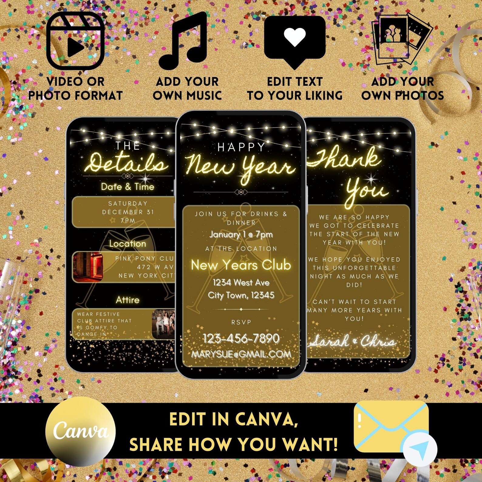 Digital New Years Invitation, New Year Celebration Invite, Dinner ...