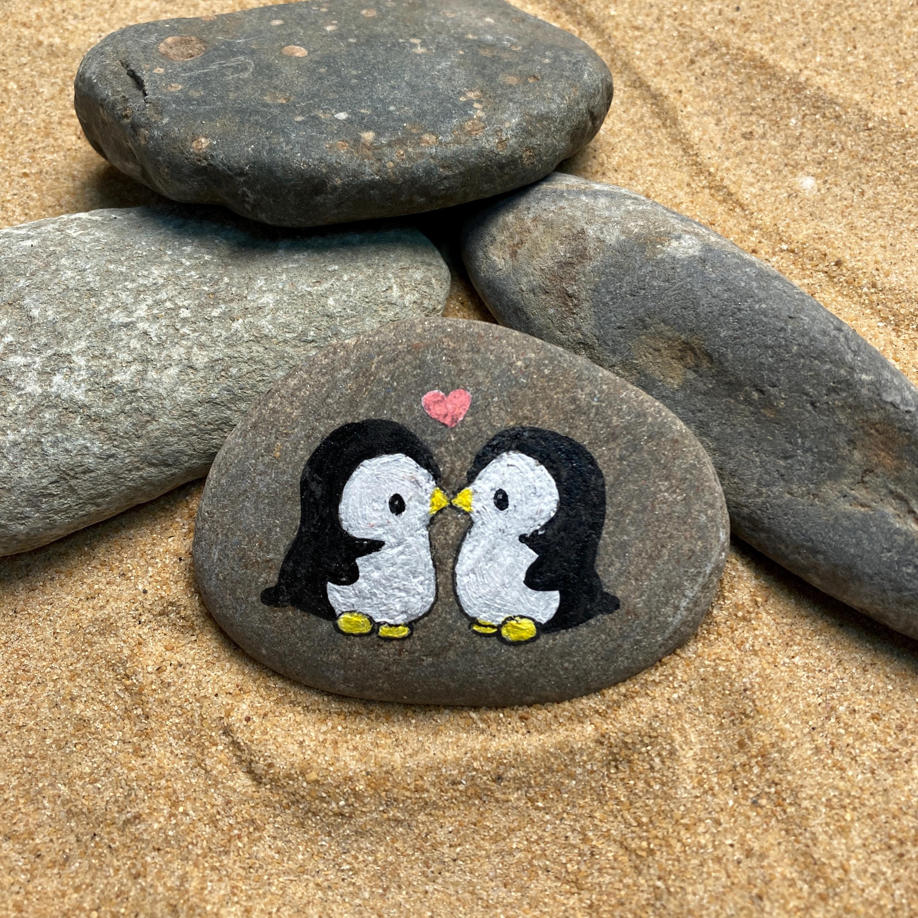 Hand Painted Kissing Penguins Stone, Painted Stones, Beach Stones ...
