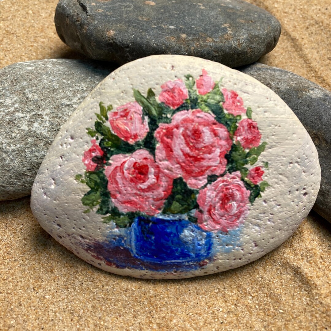 Hand-painted Roses in Blue Vase Stone, Painted Stones, Beach Stones ...