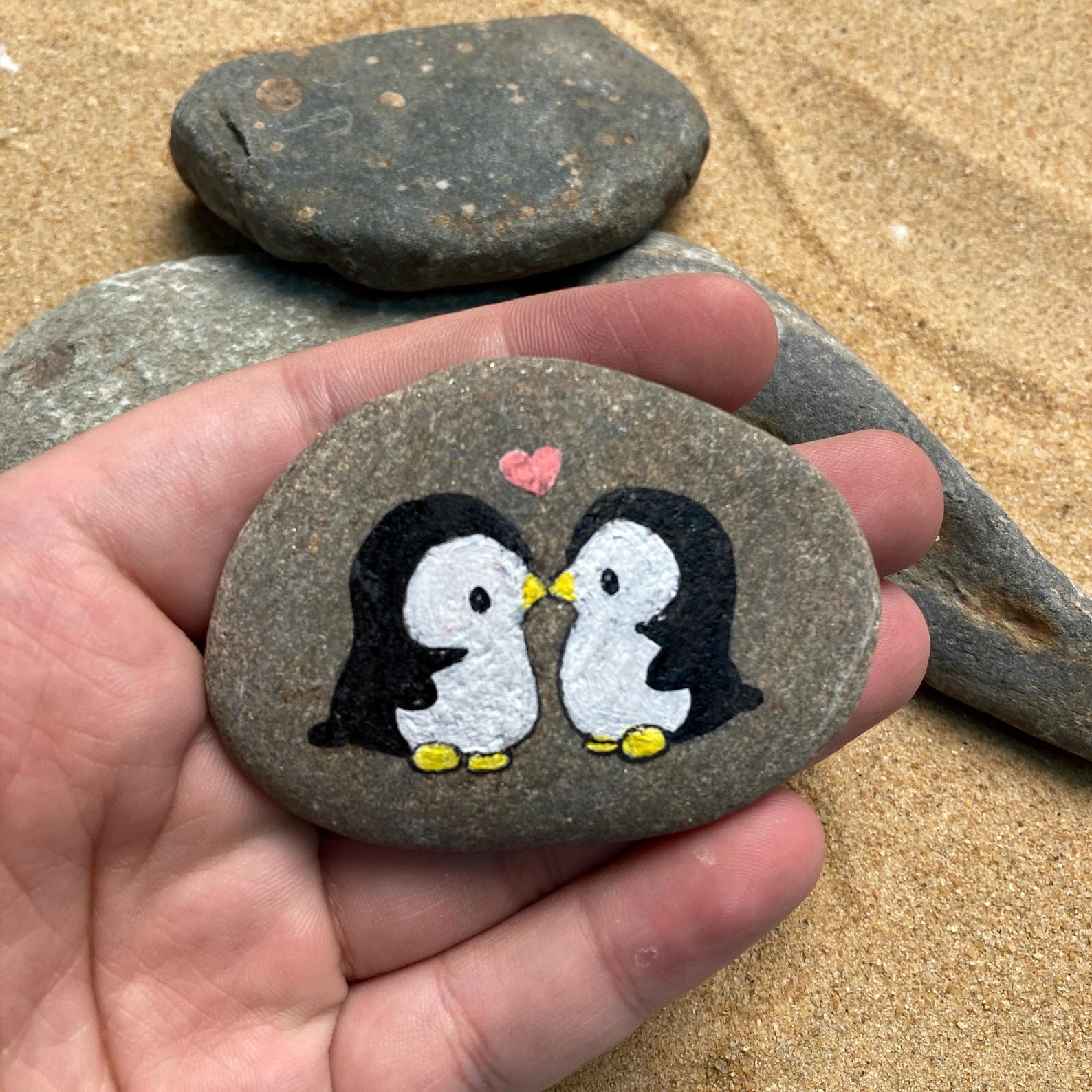 Hand Painted Kissing Penguins Stone, Painted Stones, Beach Stones ...