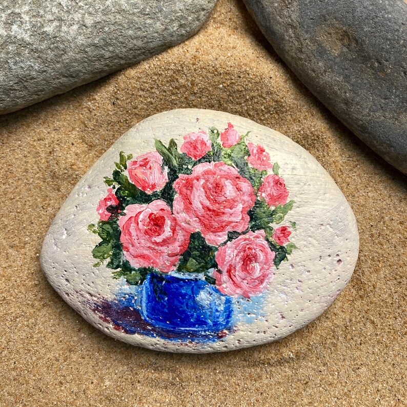 Hand-painted Roses in Blue Vase Stone, Painted Stones, Beach Stones ...