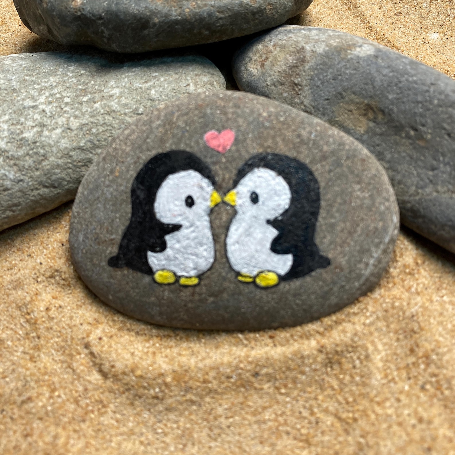 Hand Painted Kissing Penguins Stone, Painted Stones, Beach Stones ...
