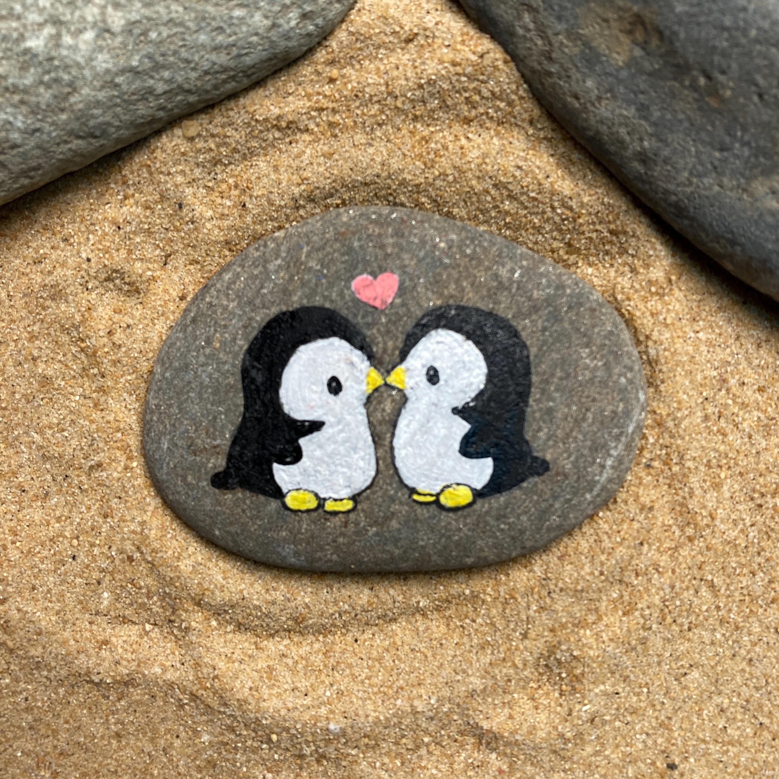 Hand Painted Kissing Penguins Stone, Painted Stones, Beach Stones ...