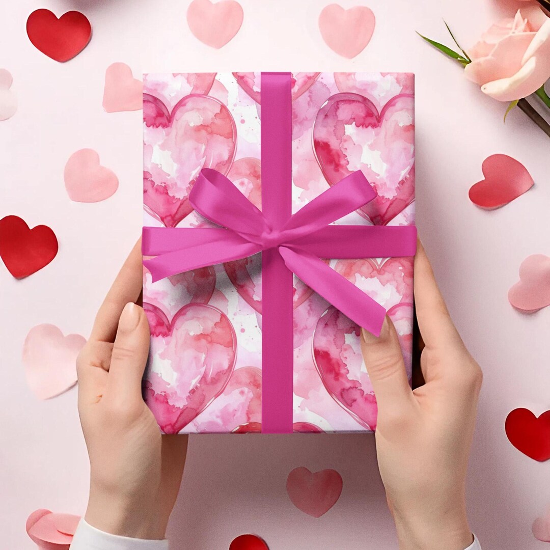 Pink Watercolor Hearts Wrapping Paper | Valentine Pattern - Etsy