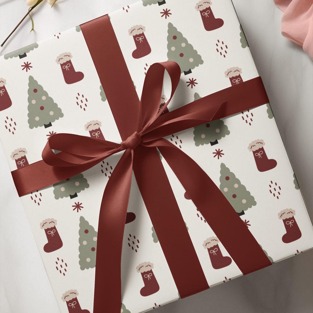 Vintage Christmas Gift Wrap, Whimsical Stocking and Tree Design - Etsy