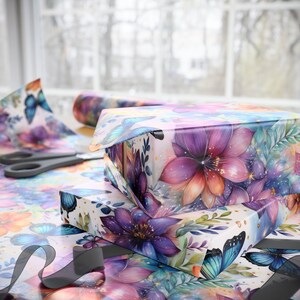 Colorful Butterfly Wrapping Paper, Floral Gift Wrap, Birthday, Wedding ...