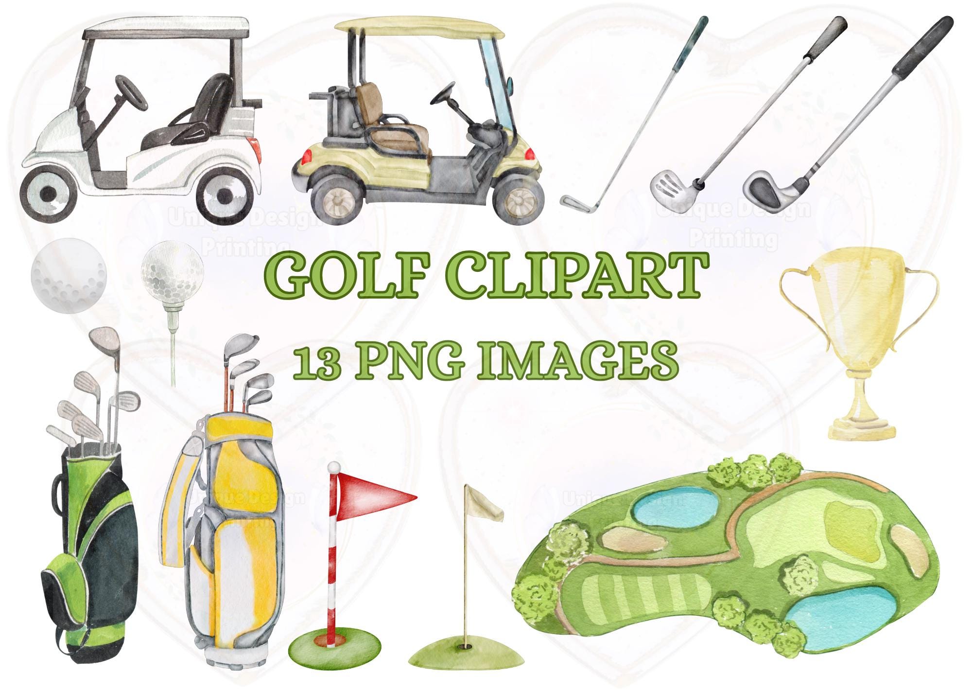 Watercolor Golf Clipart: Golf Course, Cart, Clubs (PNG Digital Download ...