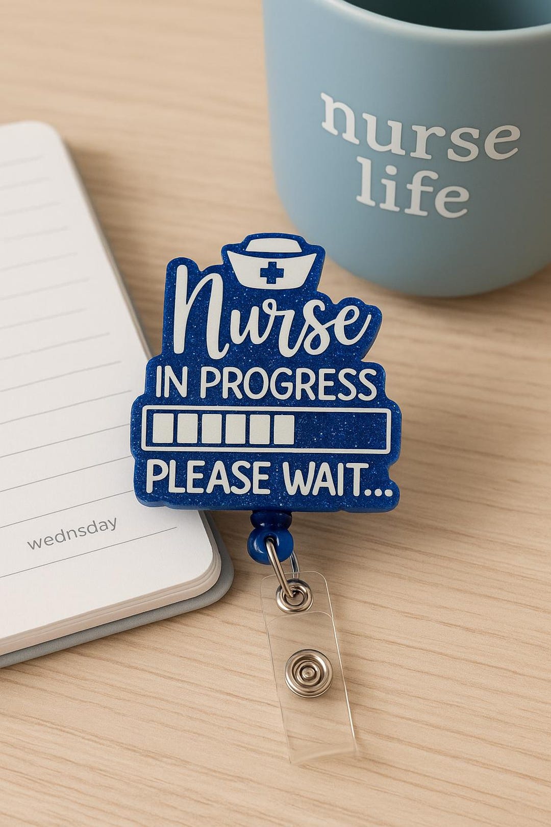 Nurse in Progress Blue Glitter Badge Reel - Etsy
