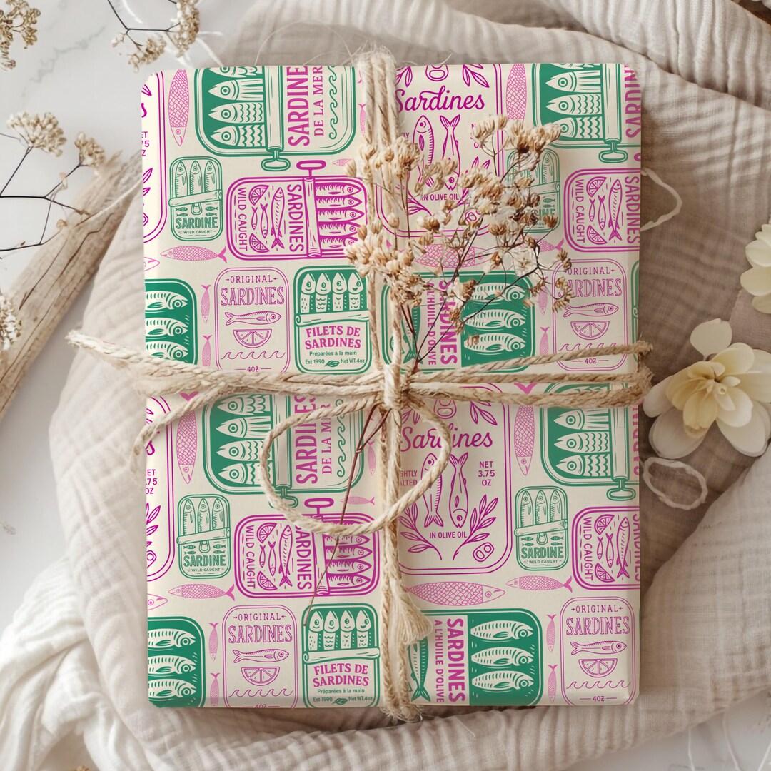 Pink Mint Artisan Sardine Gift Wrap, Sardine Design Wrapping Paper ...