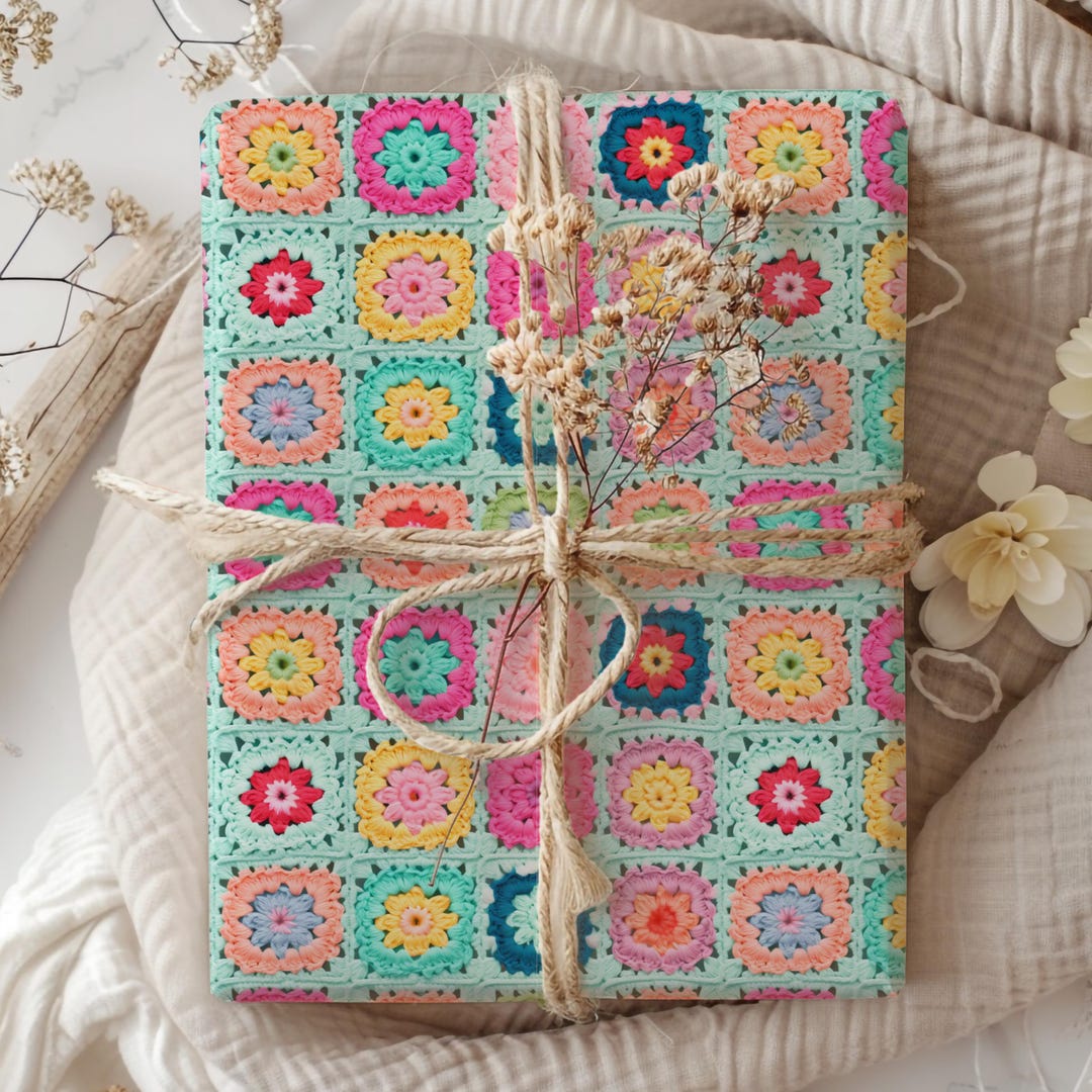 Crocheted Design Wrapping Paper, Granny Square Paper for Grandma ...