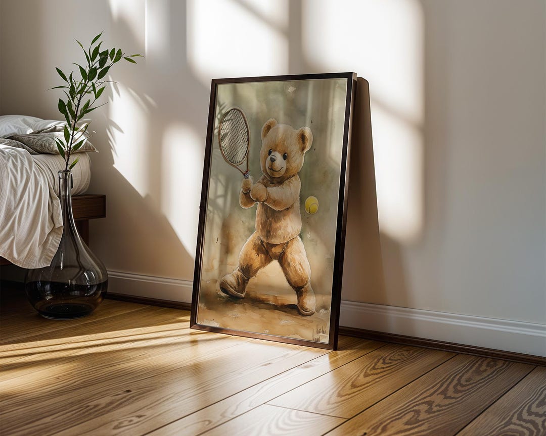 Vintage Tennis Teddy Bear Wall Art, Watercolor Illustration of a Bear ...
